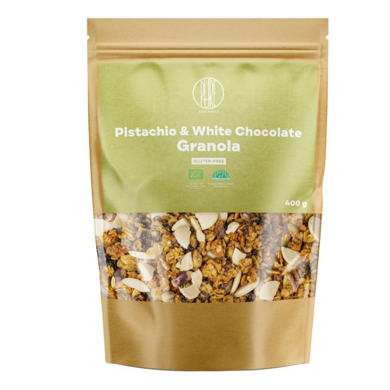 Bio granola – biela čokoláda a pistácie 400 g | FREYA – zdravý obchod